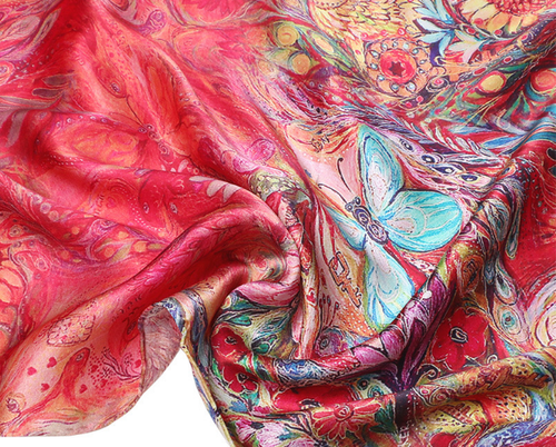 100% Silk Scarf Women neckerchief long Shawl Wrap floral red blue ...