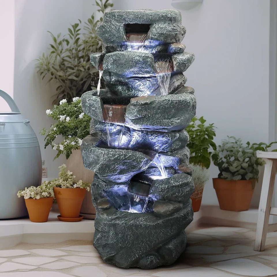 40in 6-Tier Rock Waterfall Fountain with Pump – Indoor or Outdoor Water ...