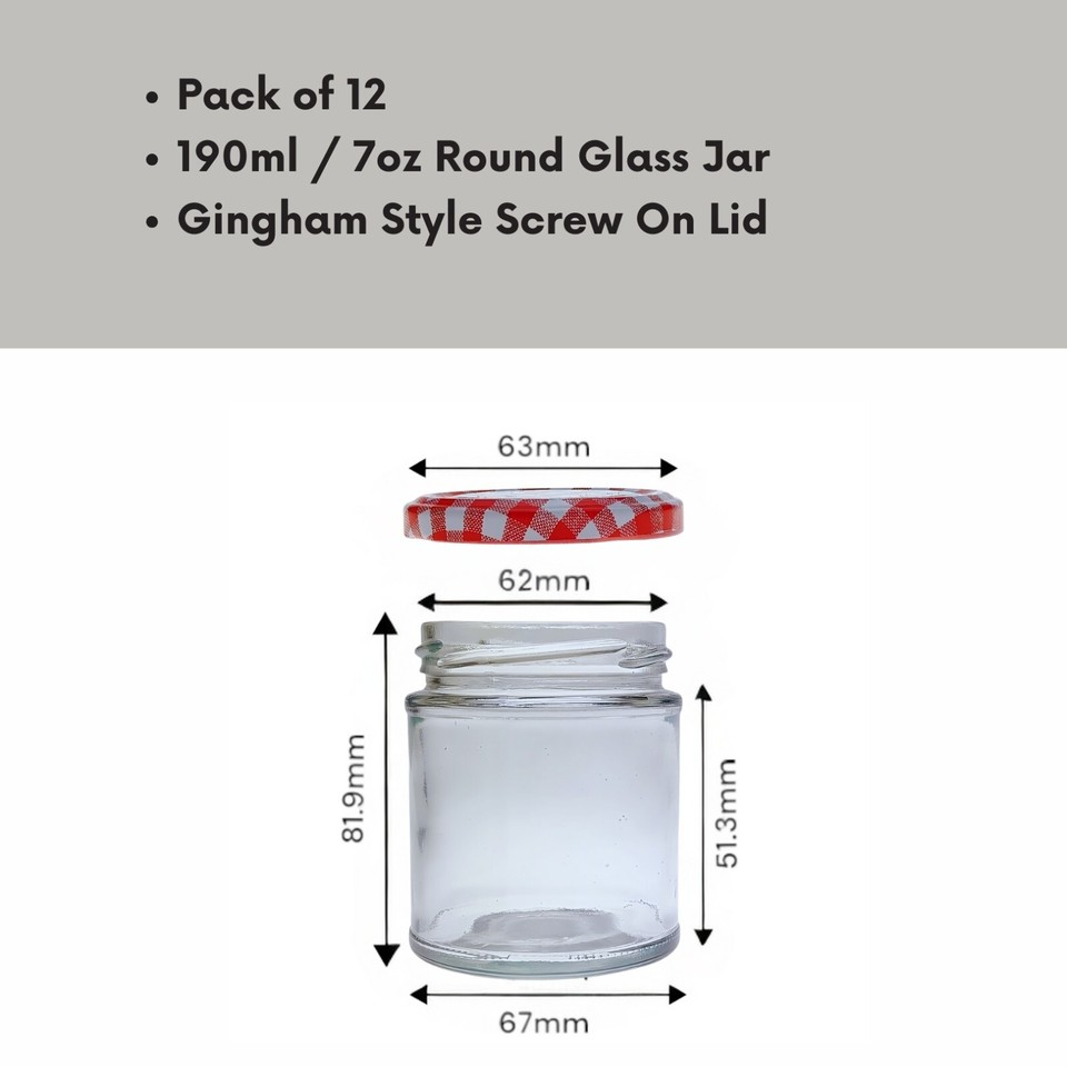 Glass Jam Jars Round With Red Gingham Lids 190ml 12pk | eBay UK