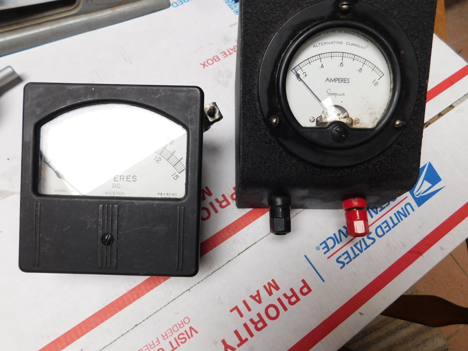 Panel Mount Meter Weston Volts D.C. amps 0-15 FS=50MV + SIMPSON 1 AMP ...