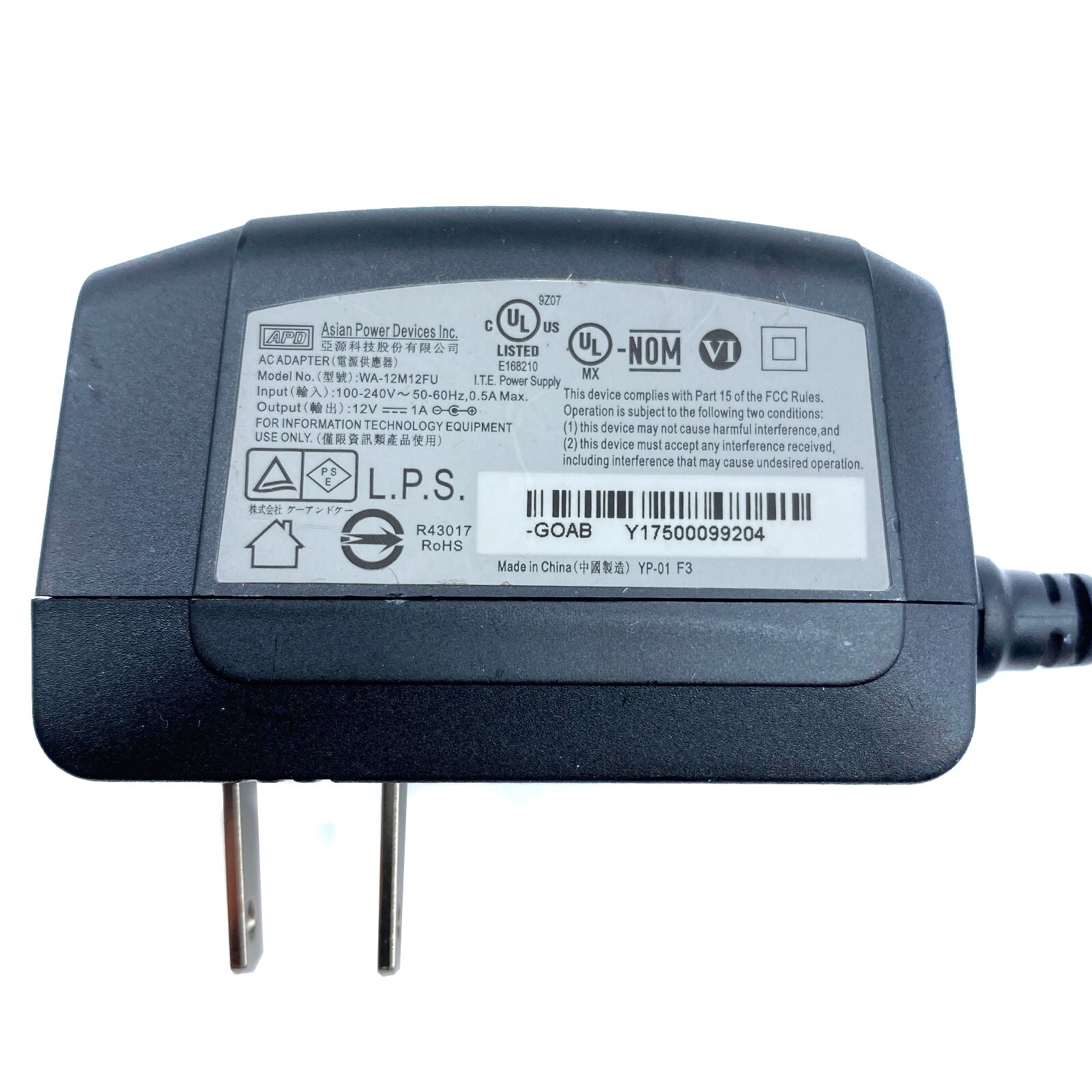 Genuine APD WA-12M12FU AC Adapter 12V 1A Power Supply Tip 2.5mm 12Watt ...