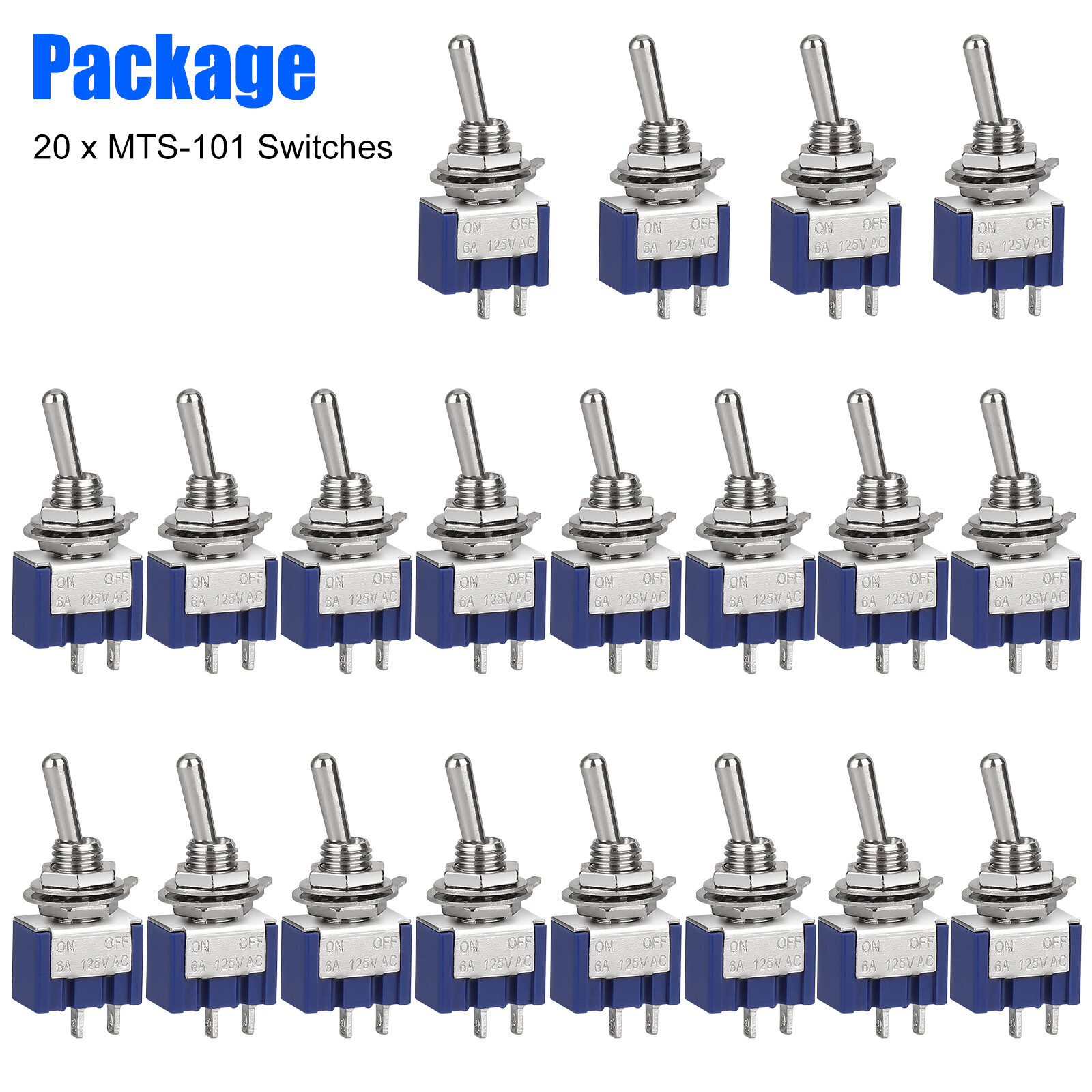 20Pcs MTS-101 2 Position Mini Toggle Switch 2 Pin SPST ON-OFF 6A 125VAC ...