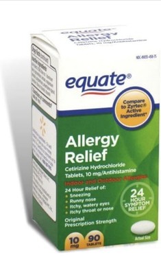 Equate 24 Hour Allergy, Cetirizine Hydrochloride Tablets, 10 mg, 45 ...