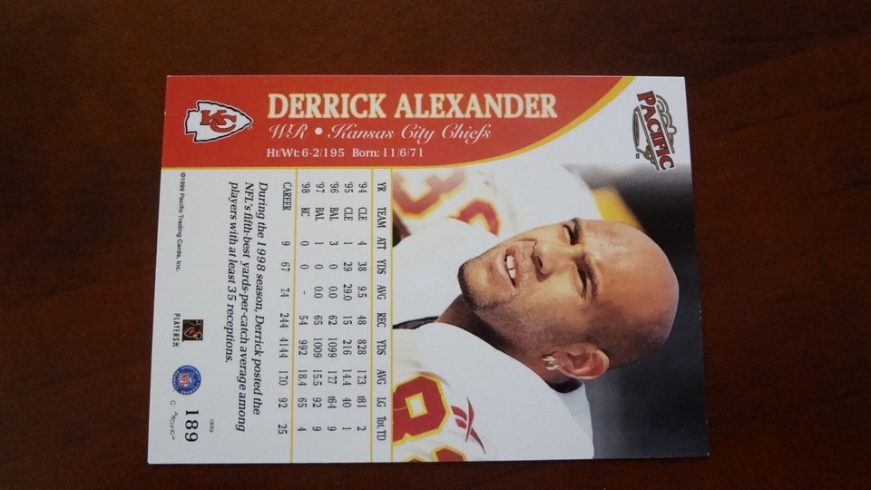1999 PACIFIC #189 DERRICK ALEXANDER FOOTBALL CARD | eBay
