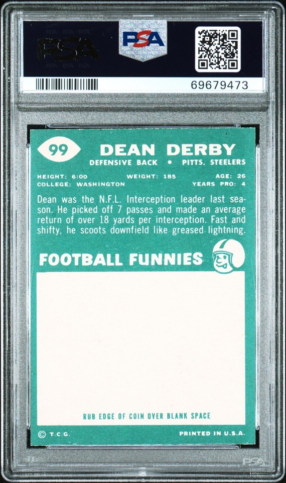 1960 Topps Football Dean Derby #99 PSA 7 NM Pittsburg Steelers Great ...