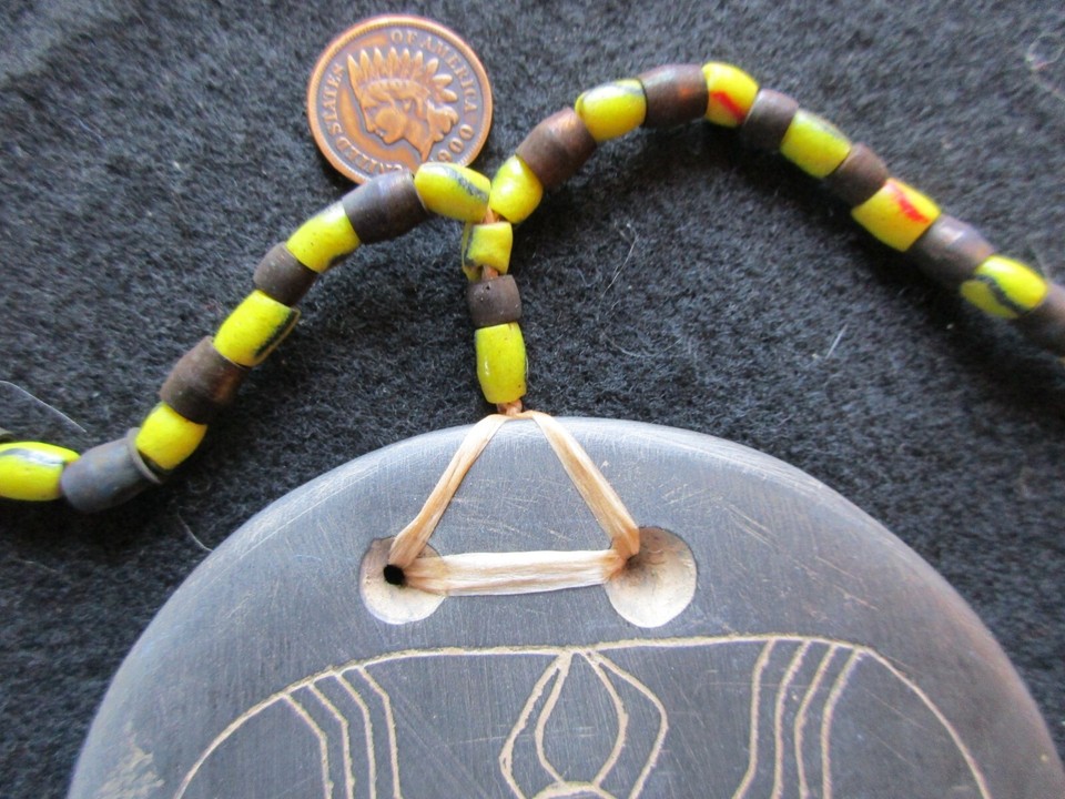 RARE NATIVE AMERICAN HAND ENGRAVED GORGET ON TRADE BEAD NECKLACE, PE ...