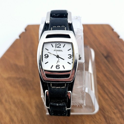 Fossil Women's Silver Tone Rectangle Dial Watch Black Leather Band ES ...