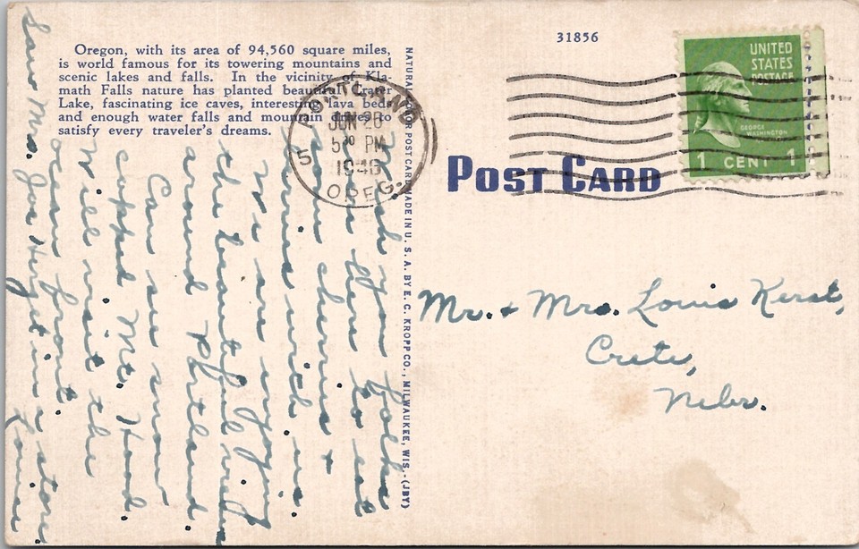 Salt Creek Falls Cascade National Forest Oregon 1946 to Crete Nebr ...