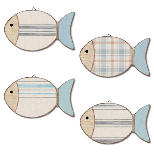 4 Pcs Rustic Plaid Pattern Wooden Fish Wall Hanging Decor Ocean ...
