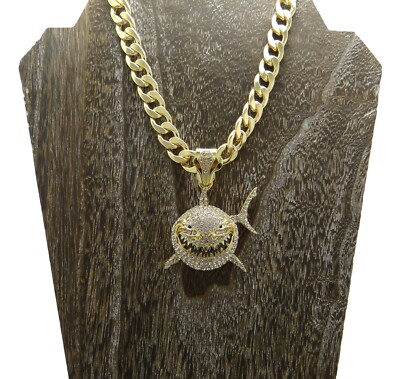 Hip Hop Gold PT 6ix9ine Shark Pendant & 18" 20" 24" Cuban Chain Bling ...