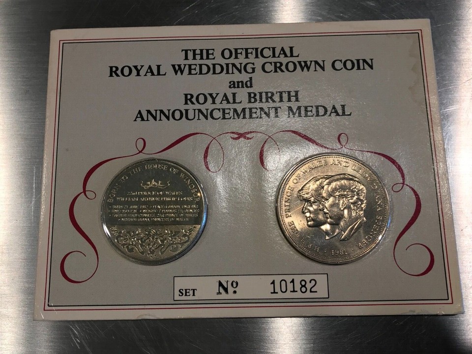 OFFICIAL 1981 ROYAL WEDDING CROWN COIN AND 1982 ROYAL BIRTH ...