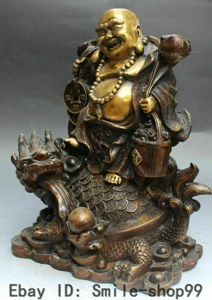 14" Bronze Gilt Wealth Happy Laugh Maitreya Buddha Dragon Turtle ...