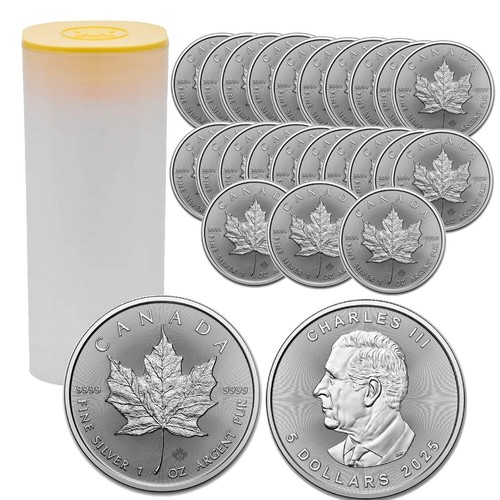 Roll of 25 - 2025 1 oz Canadian Silver Maple Leaf Coins BU .9999 Silver ...