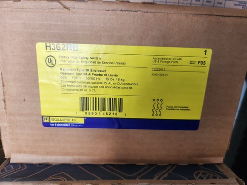 New In Box Square D H362RB 60 Amp 600v Fusible 3Ph 3R Safety Switch ...