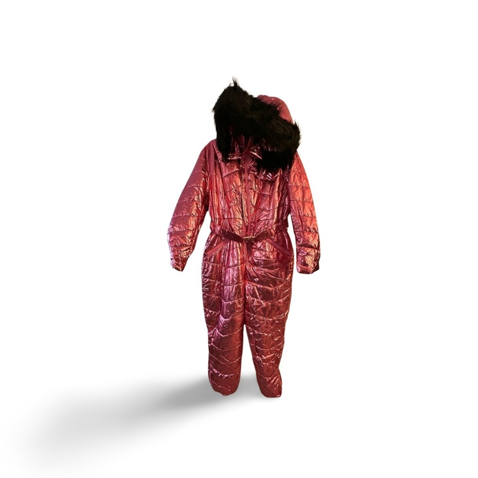 Women's Shiny Dark Pink Puffer Snowsuit Jumpsuit Hooded Fur Trim XX ...