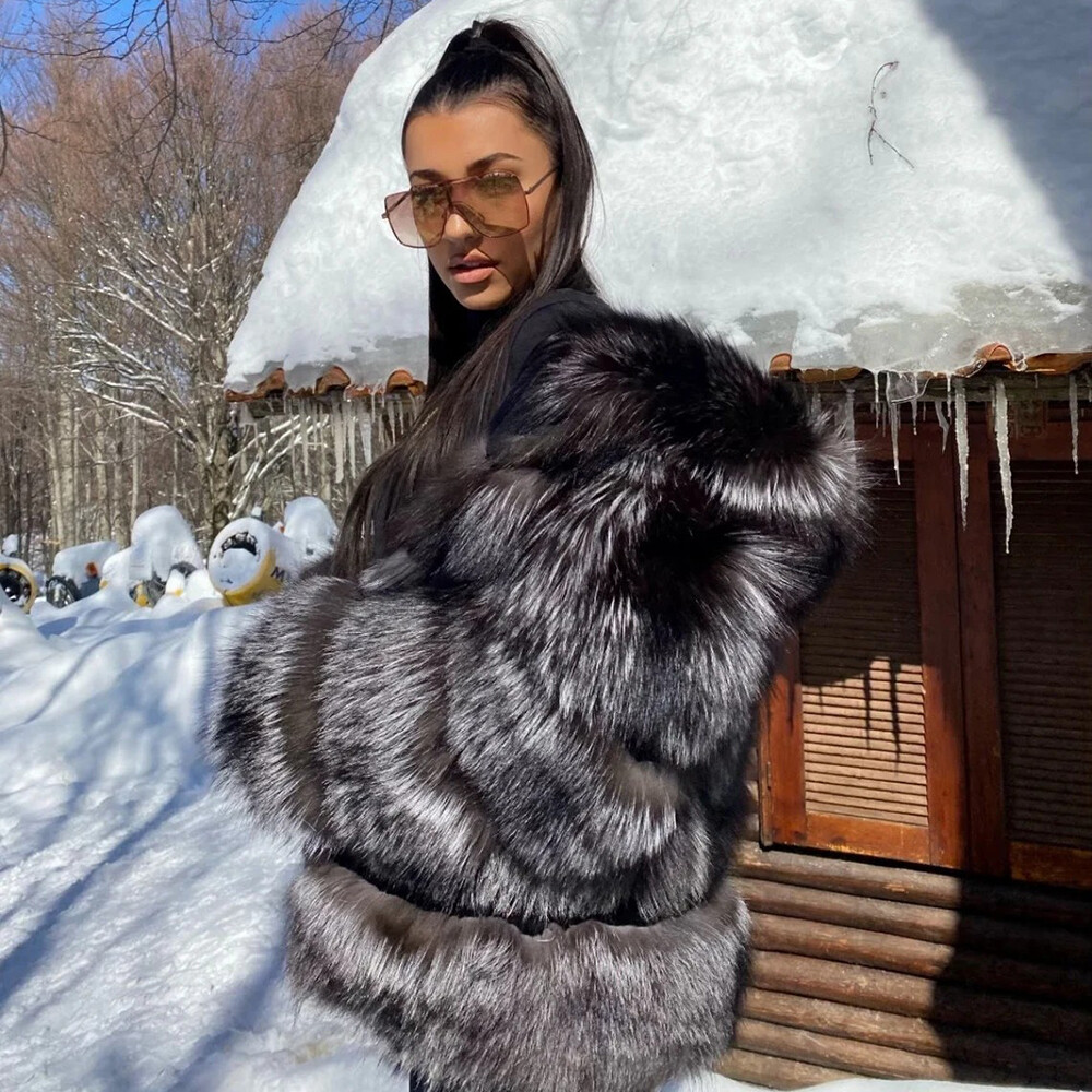 Luxury Women Full Pelt Real Silver Fox Fur Coats Jacket Fluffy Hooded ...