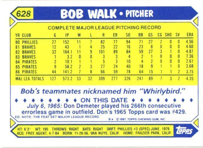 BOB WALK 1987 Topps Tifffany #628 FREE SHIPPING B12R3S15P18 | eBay