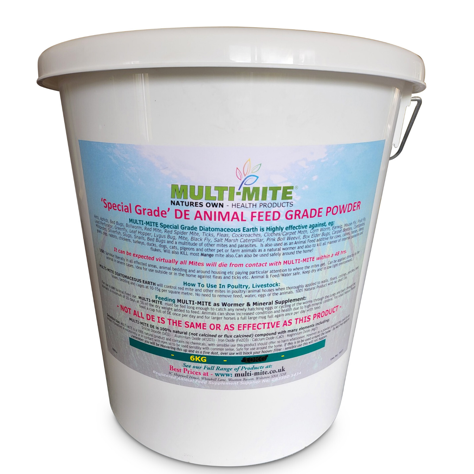 MULTI MITE 6KG Bucket DE Diatomaceous Earth Feed Grade Red Mite Powder ...
