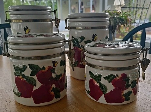 VINTAGE KK Embossed Apple CANISTER Set 4 Embossed Butterfly Metal Clip ...