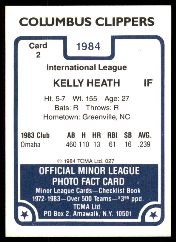 1984 TCMA Minor League Kelly Heath (E) Columbus Clippers #2 | eBay