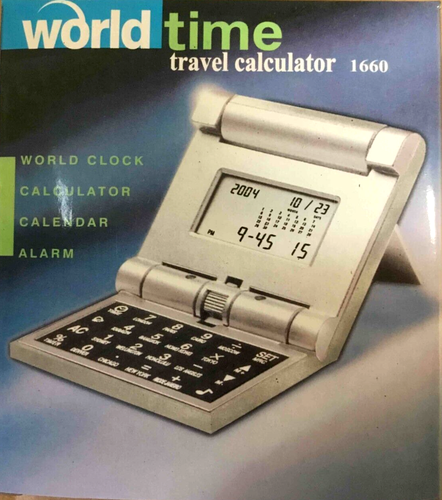 BRAND NEW ~ WORLD TIME TRAVEL CALCULATOR CLOCK CALENDAR FOLDING CASE ...