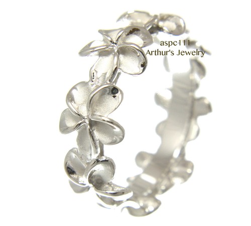 STERLING SILVER 925 HAWAIIAN PLUMERIA FLOWER LEI BAND RING RHODIUM SIZE ...
