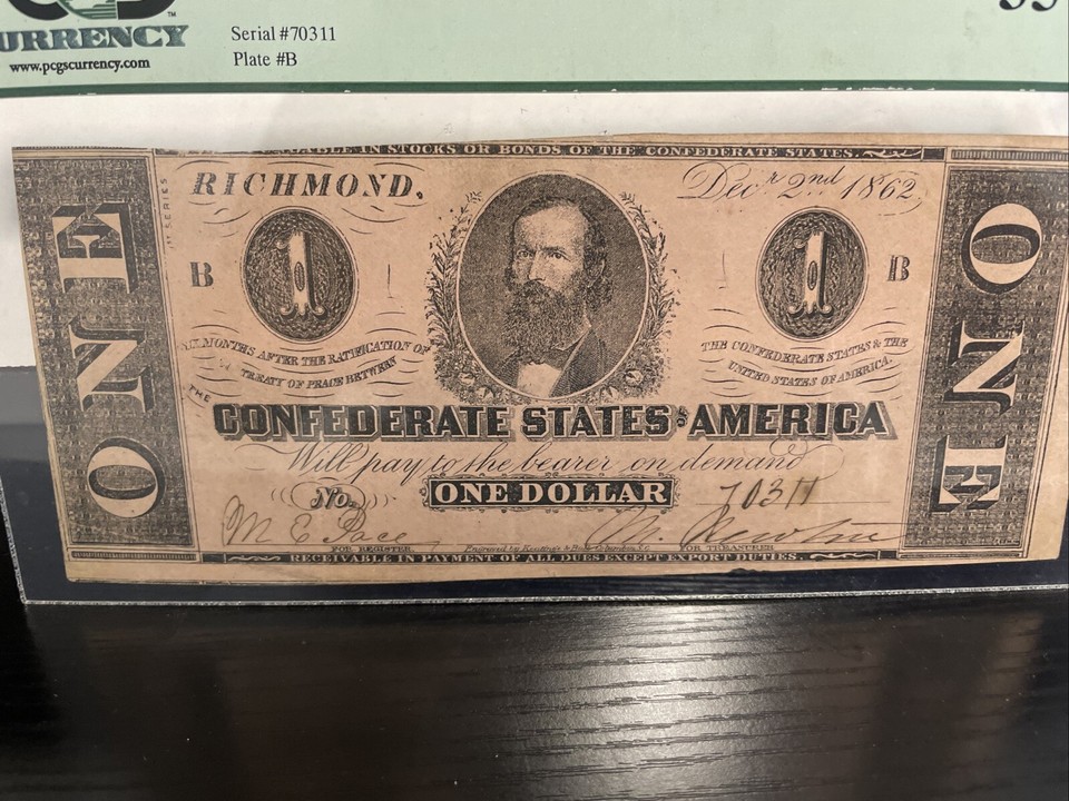 US 1862 $1 CSA T-55 Confederate States America State Bank Note PCGS 35 ...