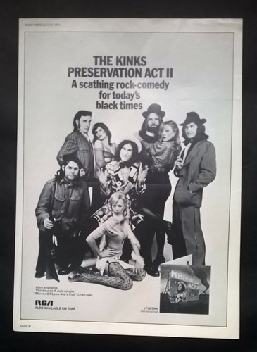 THE KINKS Preservation Act II ORIGINAL RCA 1974 PROMOTIONAL ADVERT ...