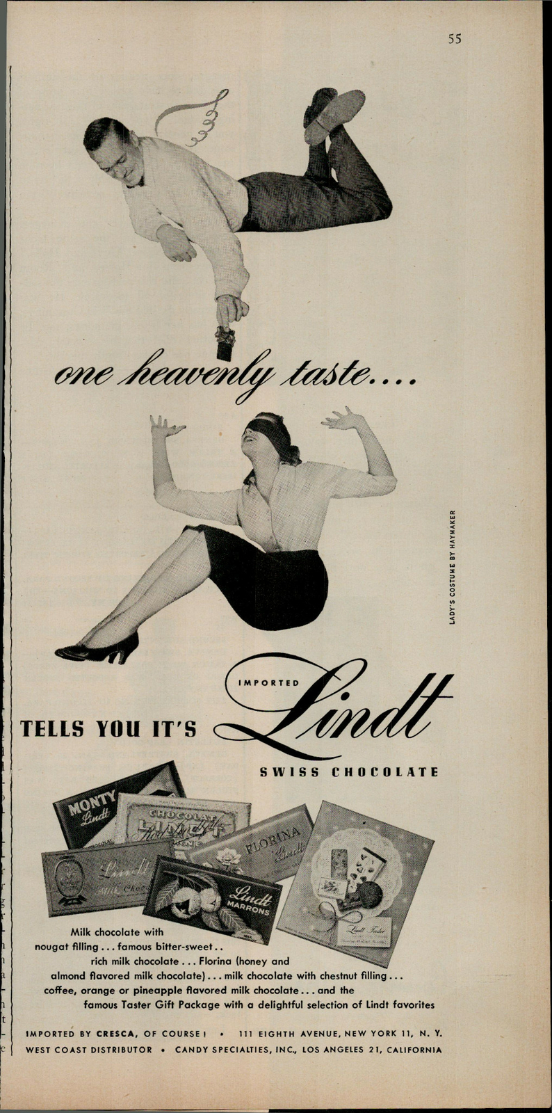 1956 Lindt Swiss Chocolate One Heavenly Taste Man Angel Wings VTG Print ...