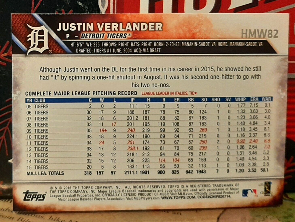 JUSTIN VERLANDER METALLIC SNOWFLAKE ~ 2016 TOPPS WALMART HOLIDAY #HMW82 ...