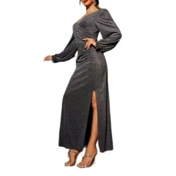 SHEIN -SILVER MODERLY SURPLICE NECK BISHOP SLEEVE SPLIT GLITTER DRESS ...