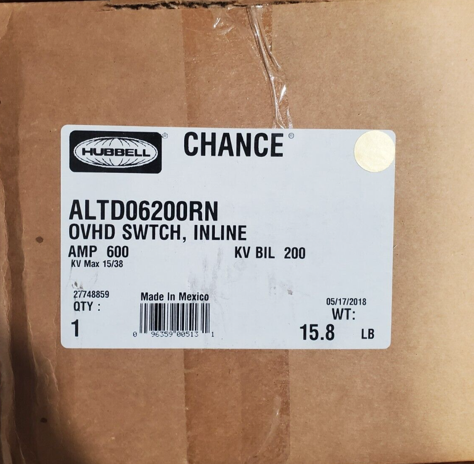 *NEW* Hubbell Chance Overhead Inline Switch ALTD06200RN 600AMP | eBay