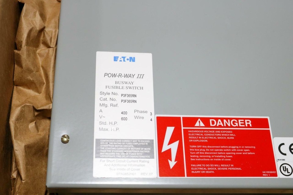 Eaton Pow-R-Way III, P3F365RN Busway Fusible Plug-In Unit, 400 Amp, 600 ...