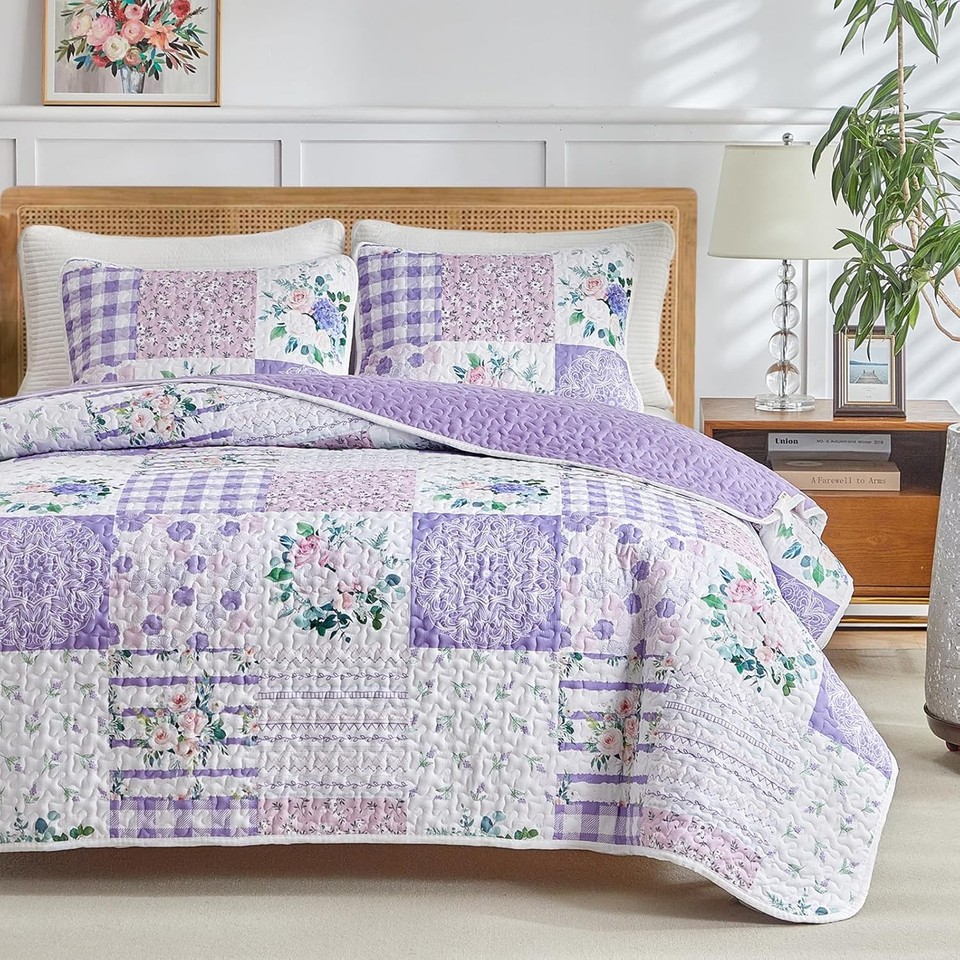 3 Pieces Floral Quilt Set Queen, Patchwork Purple n Pink Flowers Design ...