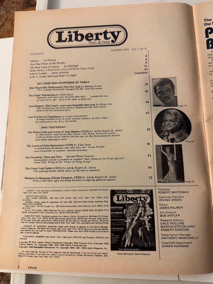 LIBERTY MAGAZINE Vintage BURT REYNOLDS - Summer 1973! | eBay
