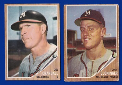 2 BRAVES LOT 1962 TOPPS #443 DEL CRANDALL #63 TONY CLONINGER ROOKIE ...