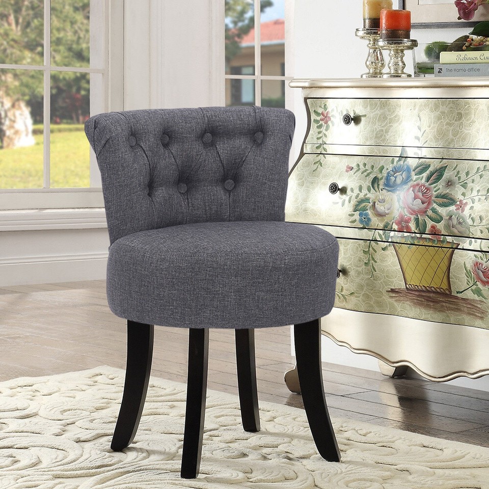 Grey Linen Makeup Seat Round Roll Back Padded & Wood Legs Vanity Chair ...