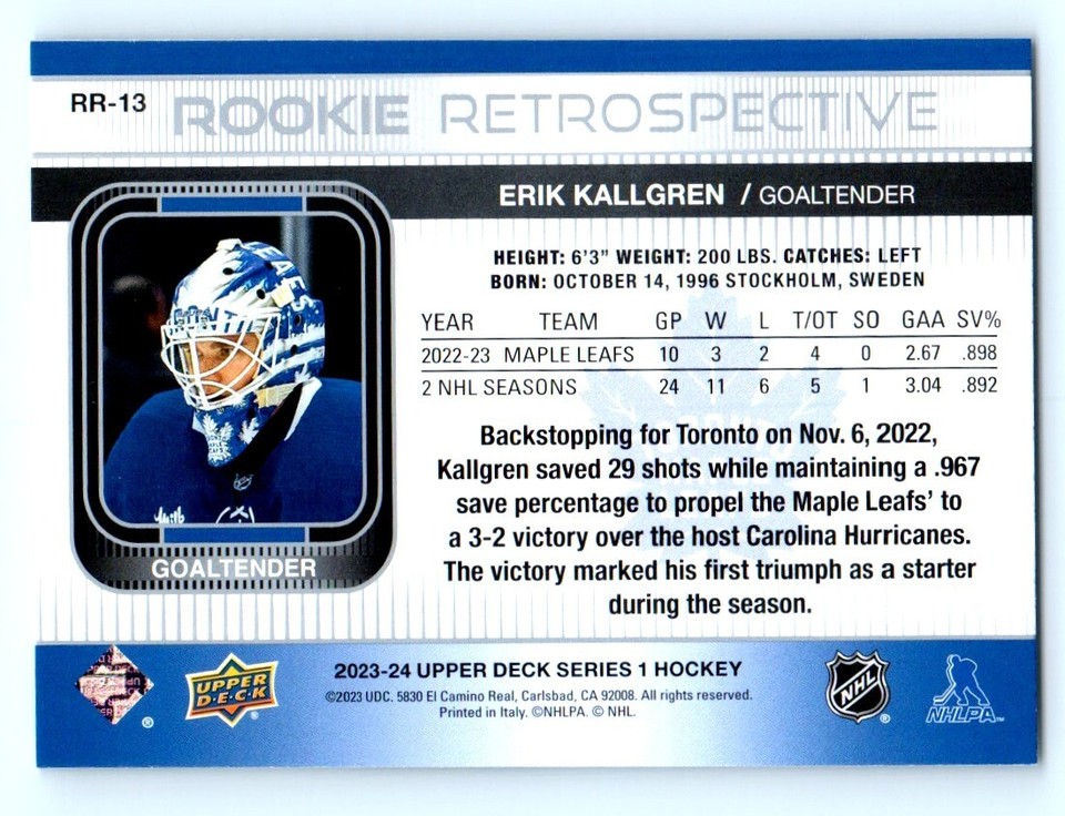 2023-24 Upper Deck Series 1 Hockey Erik Kallgren #RR-13 Rookie ...
