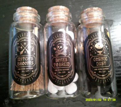 3 NEW Halloween Mini Potion Bottles witches brooms cosmic dust & bones ...