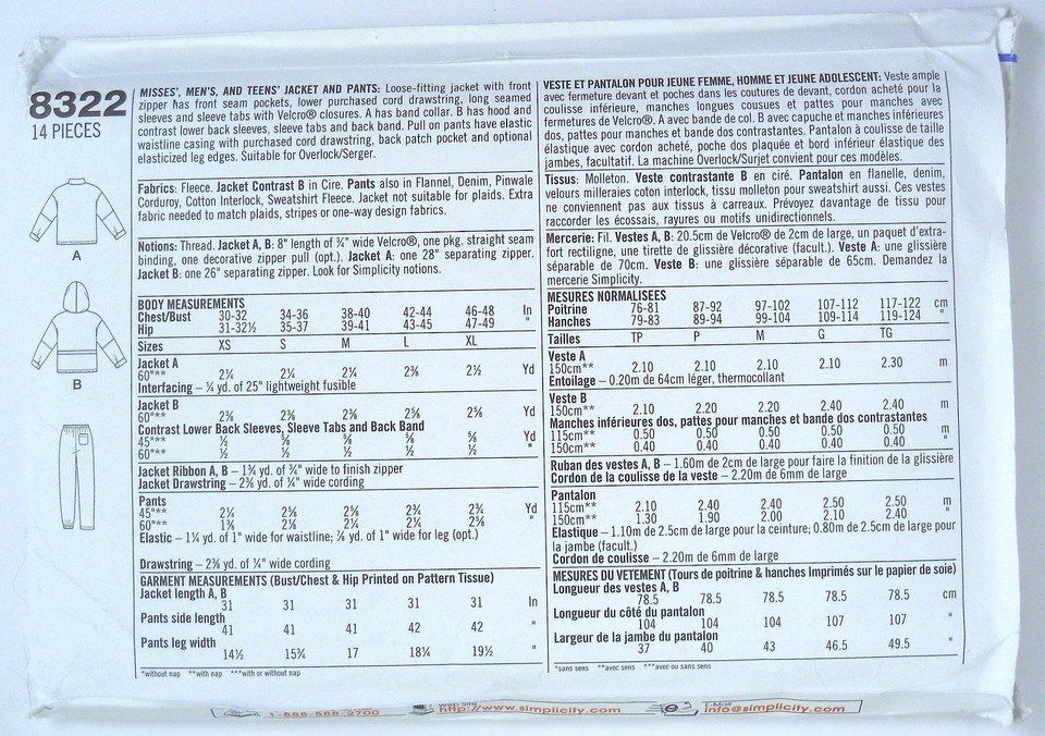 Simplicity Pattern #8322 Fleece Jacket and Pants XS S M FACTORY FOLDED ...