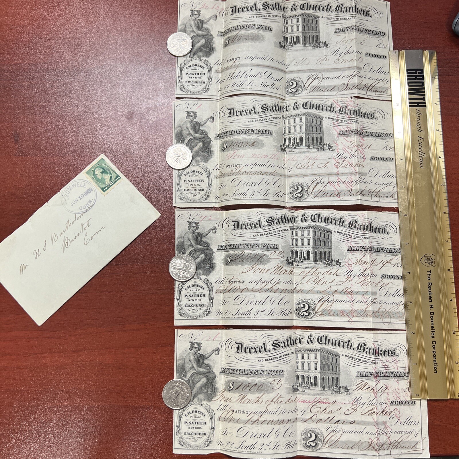 1855 / 56 CALI GOLD RUSH Bank Check lot Drexel Sather & Church Bankers ...