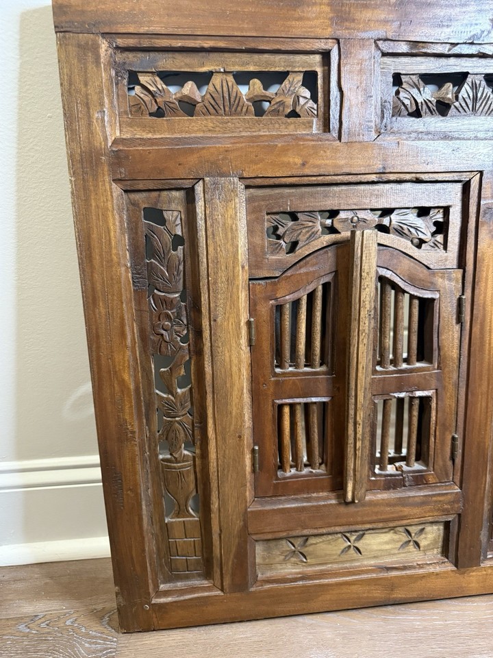 Vintage Asian Balinese Carved Teak Wood Wall Mirror Window Shutter ...