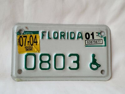Vintage 2001 2004 Florida Disabled Motorcycle License Plate 0122 | eBay
