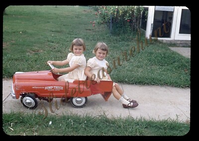 Twin Girls Dump Truck Pedal Car Americana 35mm Slide 1950s Red Border ...