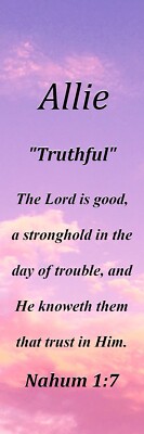Allie "Truthful" Keepsake Name Meaning Bookmark with Bible Verse and ...