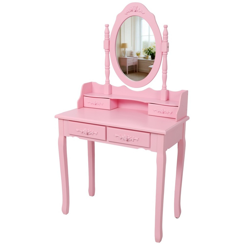 Pink Princess Vanity Desk Set with Cushioned Stool, 4-Drawer Makeup ...
