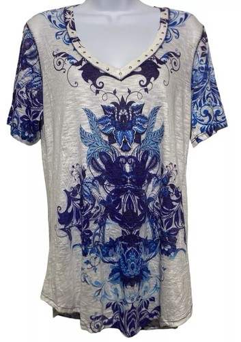 David Cline Top Women Size M Studded V Neck Floral Print Semi Sheer ...