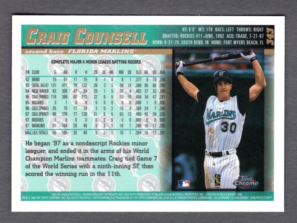 1998 TOPPS CHROME CRAIG COUNSELL CARD #343 **NM-MT** FLORIDA MARLINS | eBay