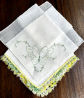 Vintage Handkerchief Hankie Embroidered Butterfly Green Yellow Tatting ...