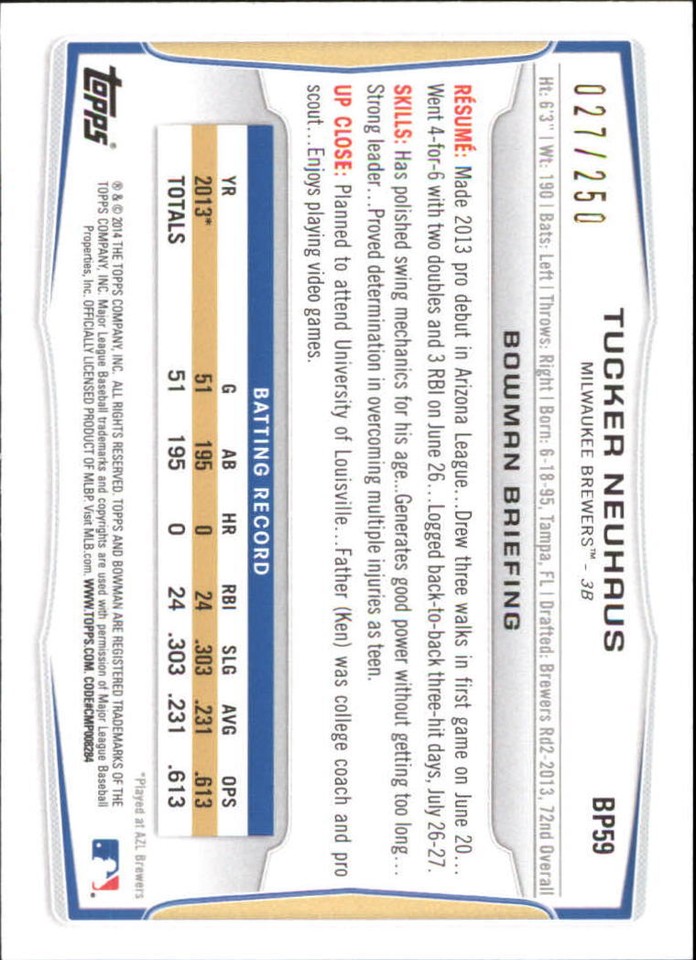 2014 Bowman Prospects Orange #BP59 Tucker Neuhaus/250 | eBay